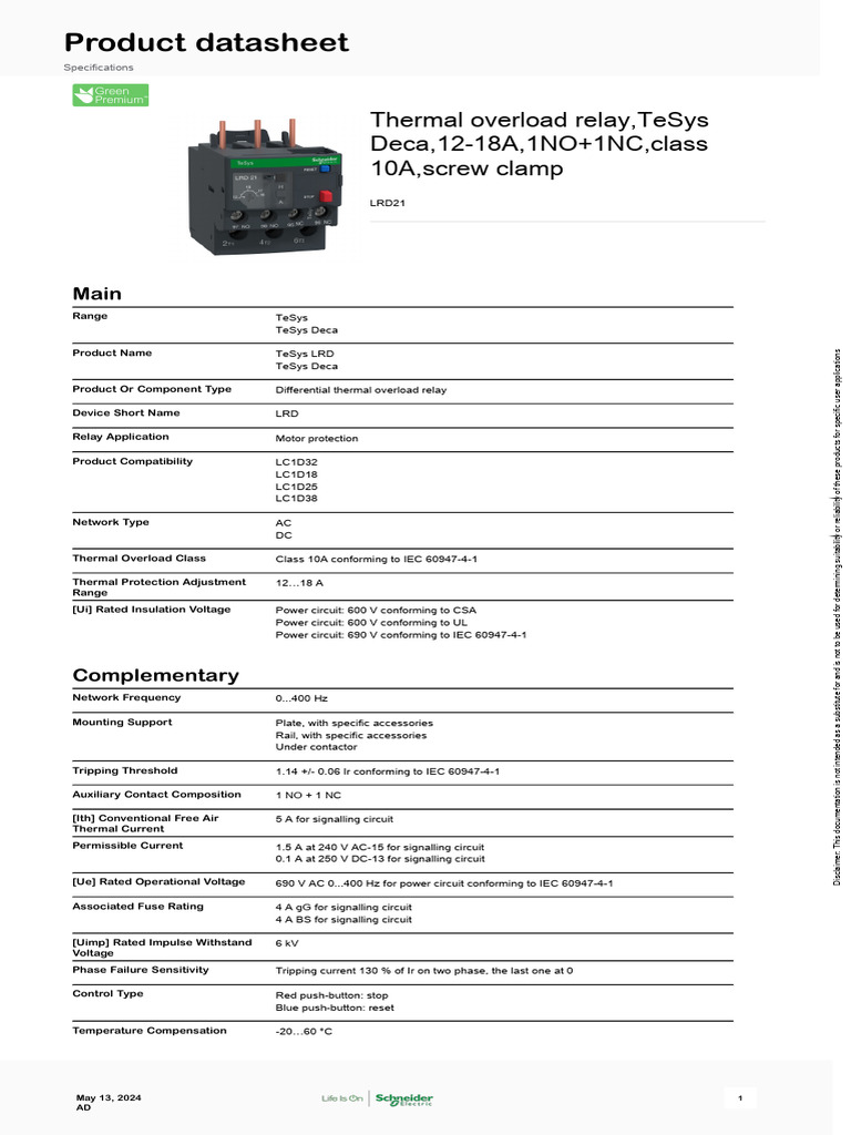 Schneider Electric - TeSys-LRD - LRD21 | PDF