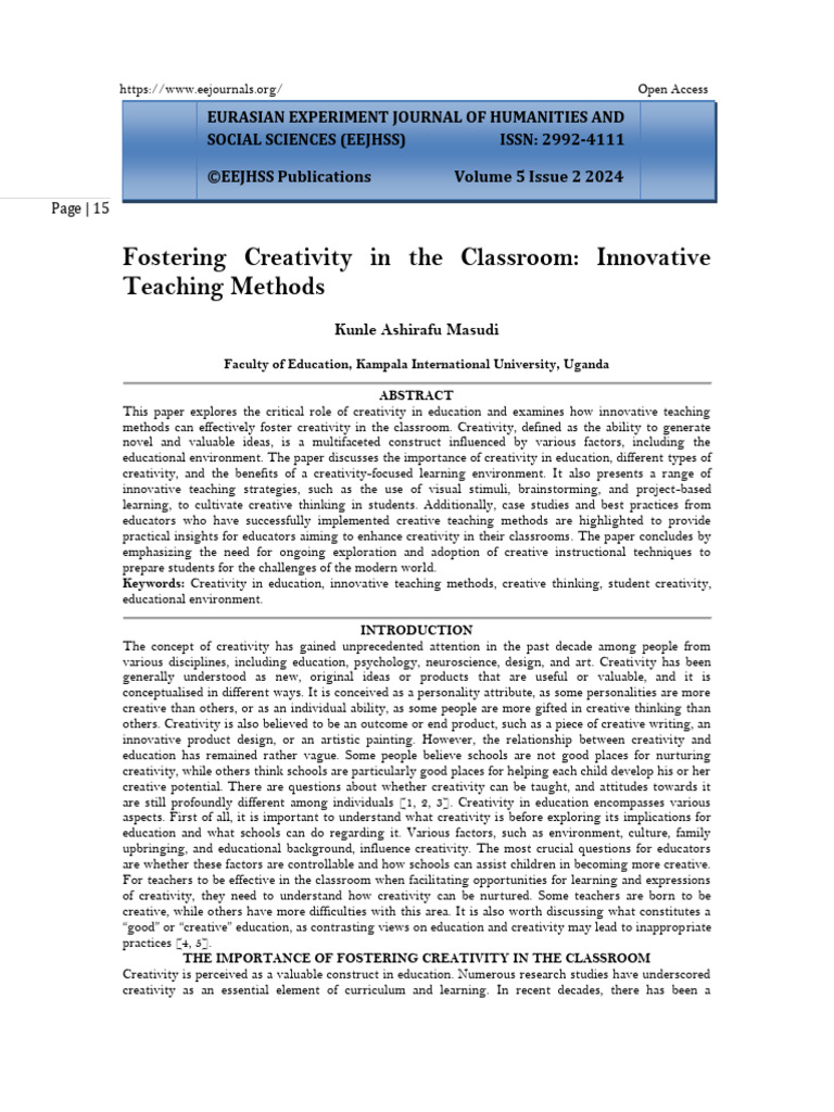 Fostering Creativity in the Classroom: Innovative Teaching Methods | PDF