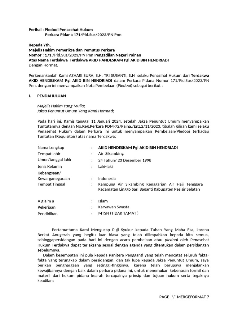 Pledooi Akid Hendeskam | PDF
