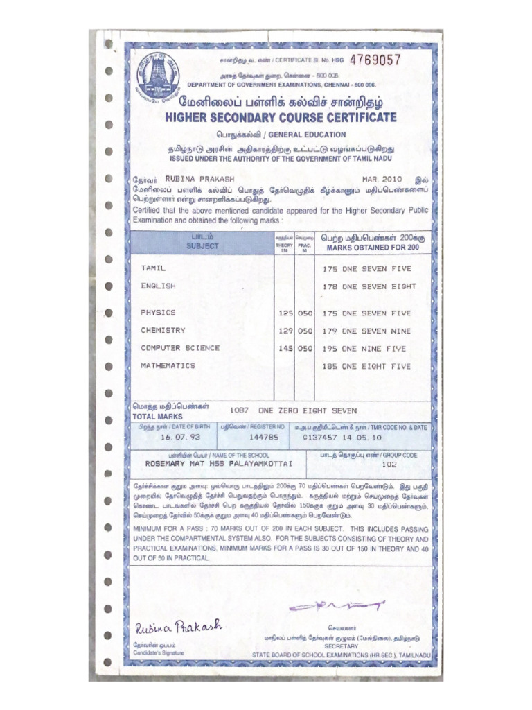 Higher Secondary Marksheet | PDF