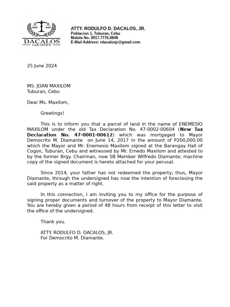 Demand Letter For Enemesio Maxilom | PDF
