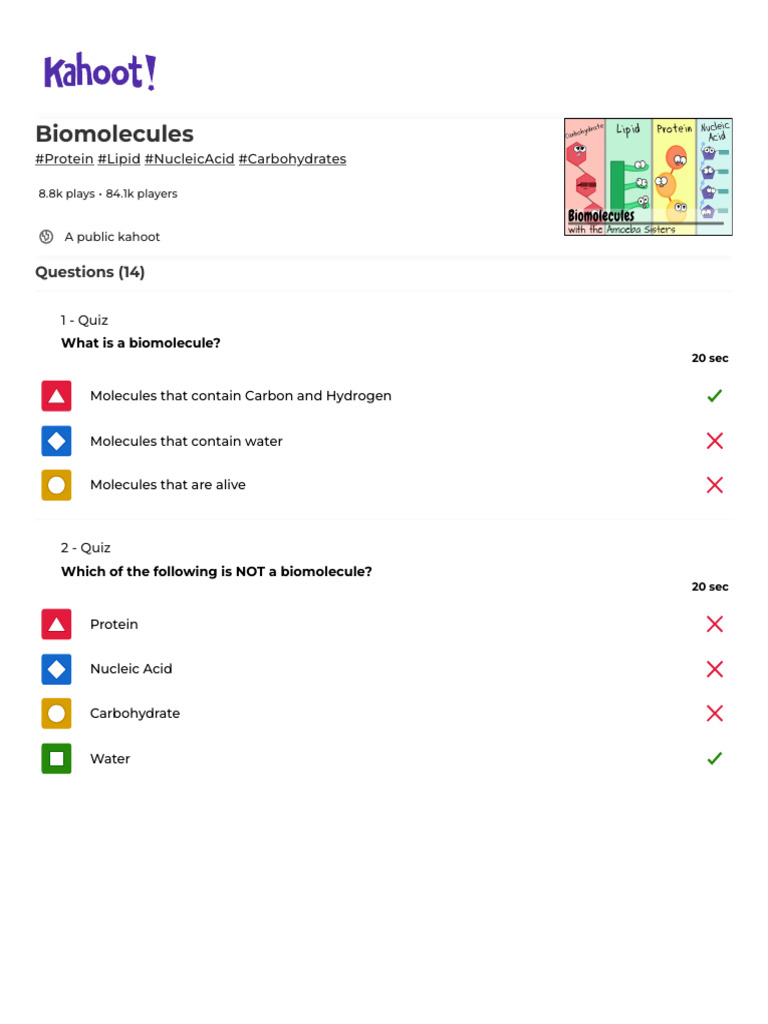 Biomolecules - Details - Kahoot! | PDF