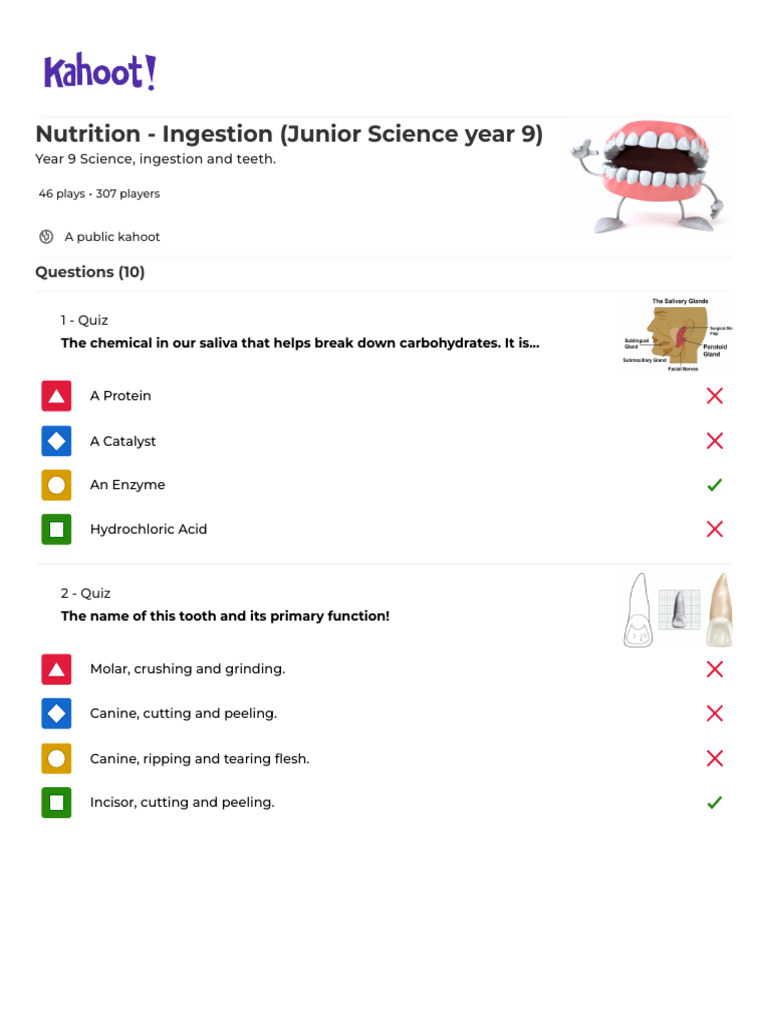 Nutrition - Ingestion - Kahoot! | PDF