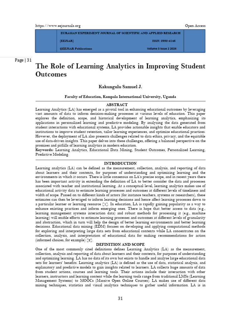 The Role of Learning Analytics in Improving Student Outcomes | PDF