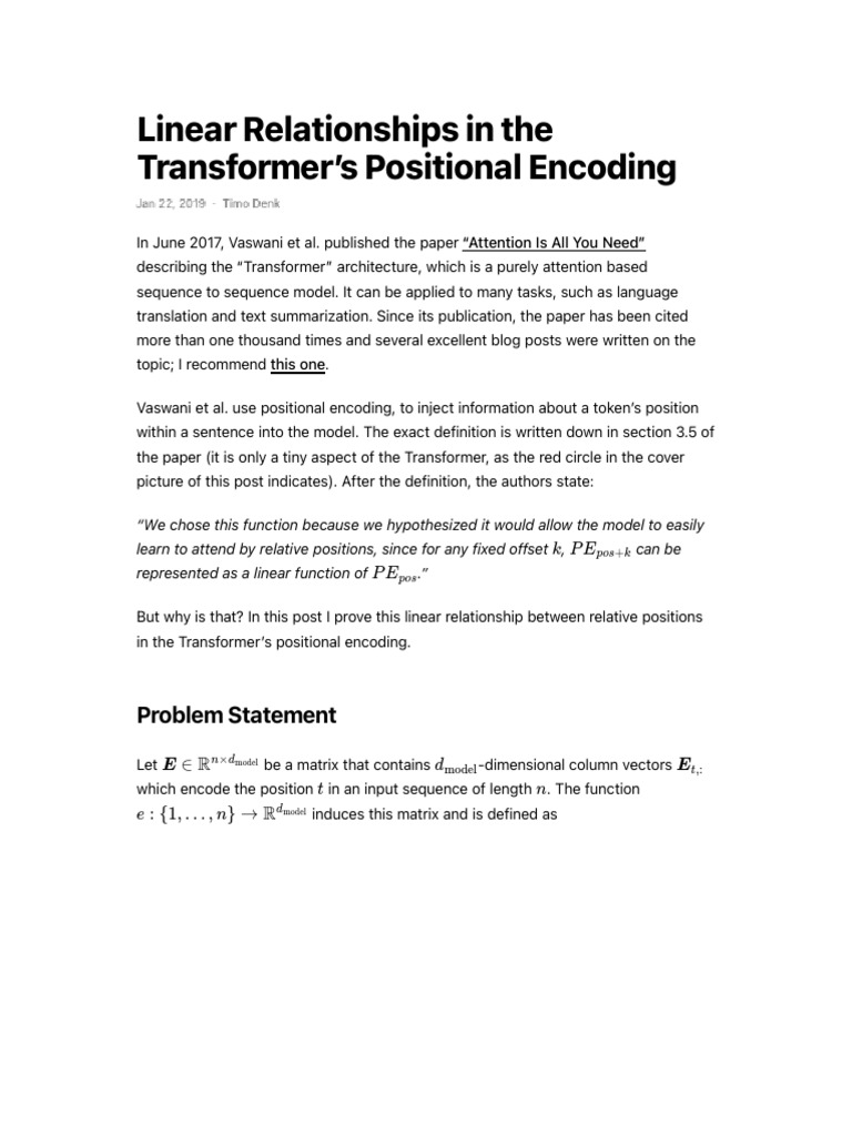Linear Relationships in The Transformer's Positional Encoding - Timo ...