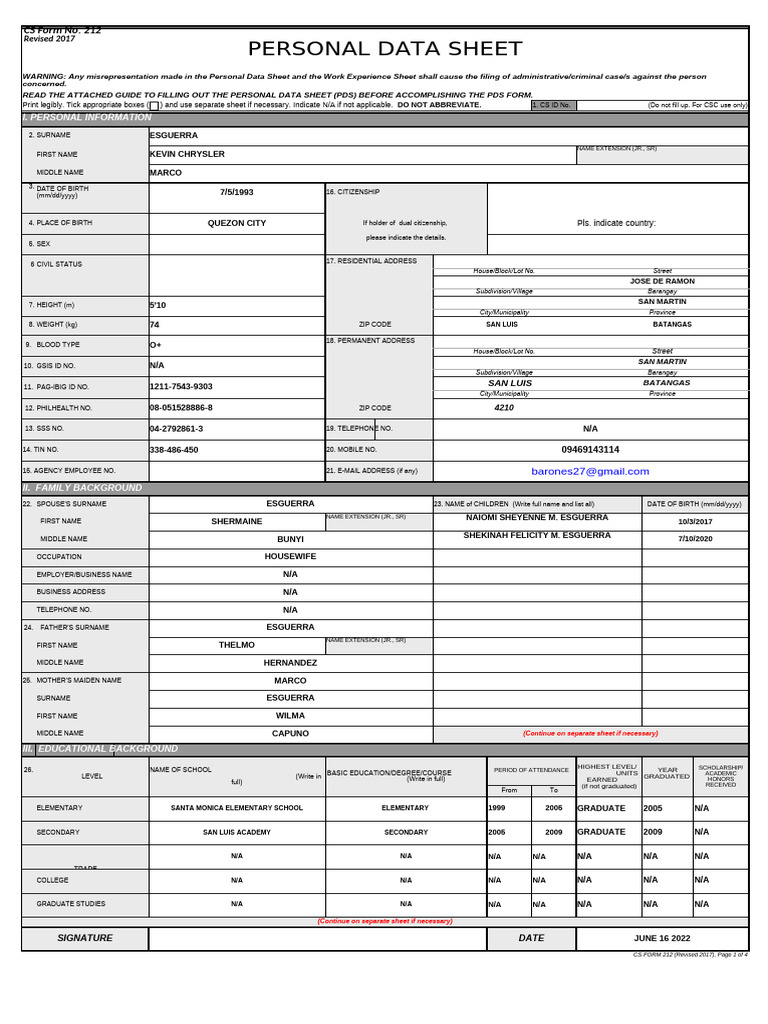 Personal Data Sheet | PDF