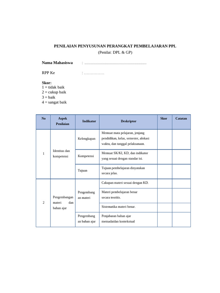 Format Penilaian Terbimbing Untuk DPL | PDF