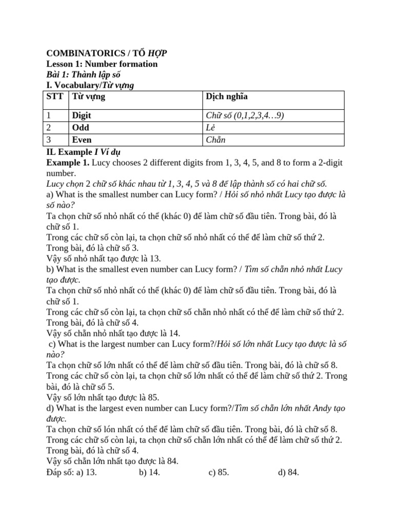 Combinatorics / Tổ Lesson 1: Number formation I. Vocabulary/ STT Từ vựng Dịch nghĩa Digit Odd ...