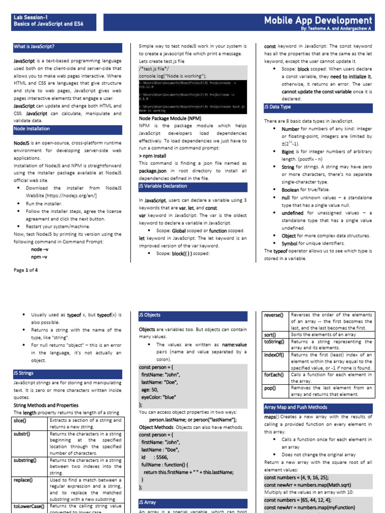 Mobile Computing Lab Session 1 Basics Of Javascript And Es6 Pdf