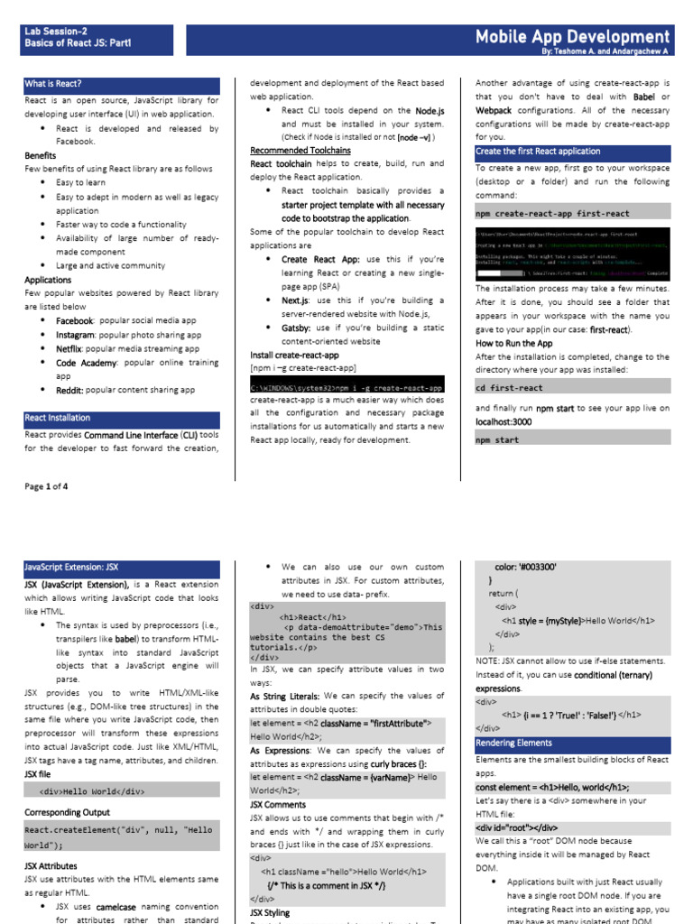 Mobile Computing Lab Session 2 Basics Of React Javascript Part1 Pdf 9303
