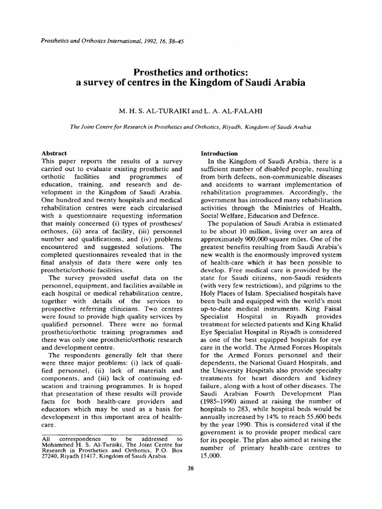Al Turaiki Al Falahi 1992 Prosthetics and Orthotics A Survey of Centres ...