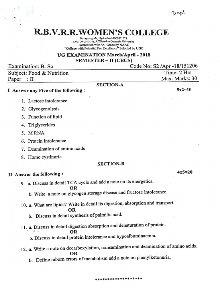 Food and Nutrition Model Question Papers | PDF
