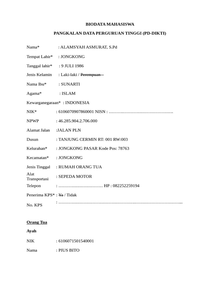 Form-Biodata Mahasiswa Sesuai Format DIKTI | PDF