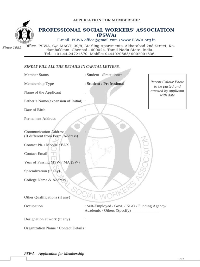 PSWA Membership Application Form - 2022 | PDF | Identity Document ...