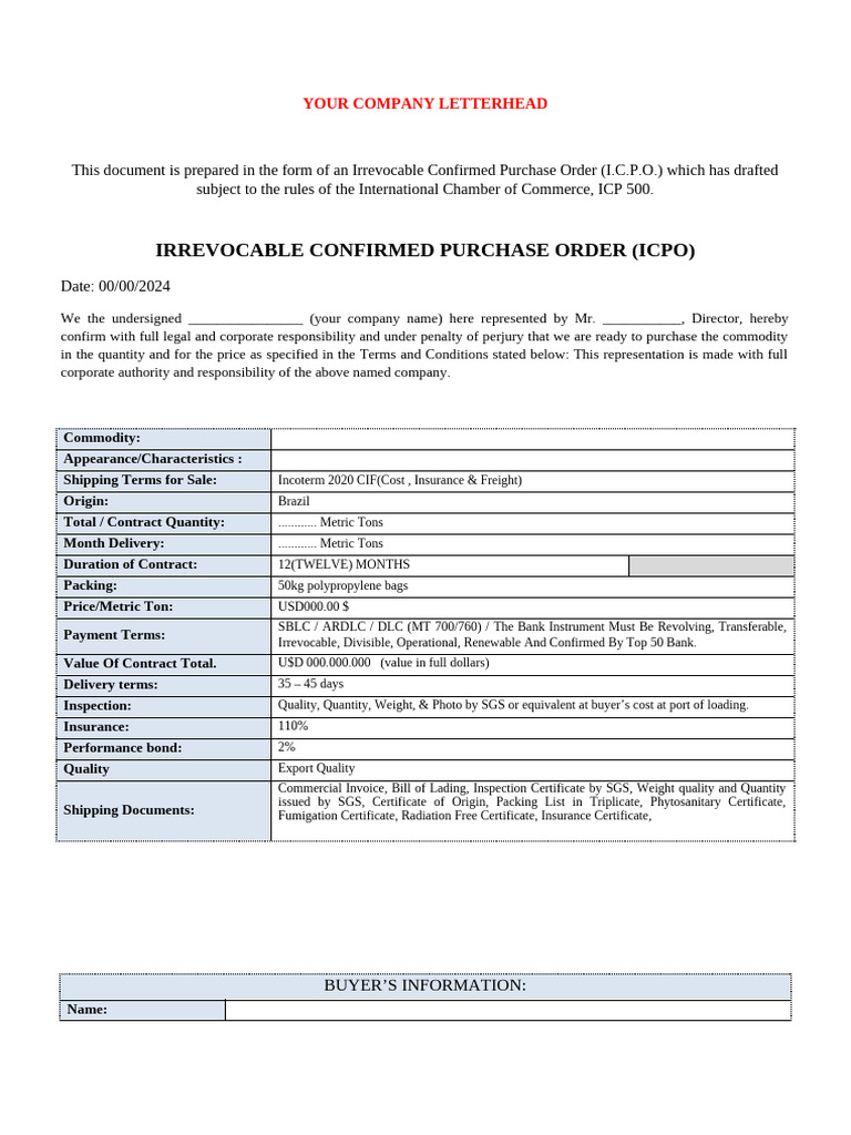Irrevocable Confirmed Purchase Order Template | PDF | Business