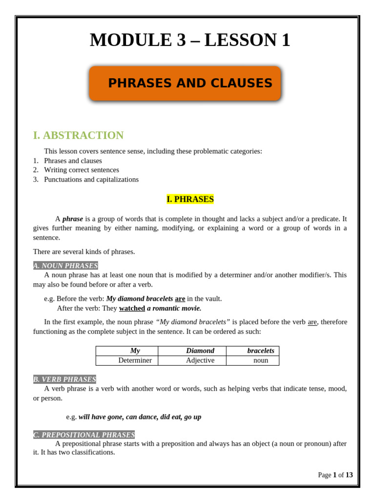 Module 3 - Lesson 1: Phrases and Clauses | PDF