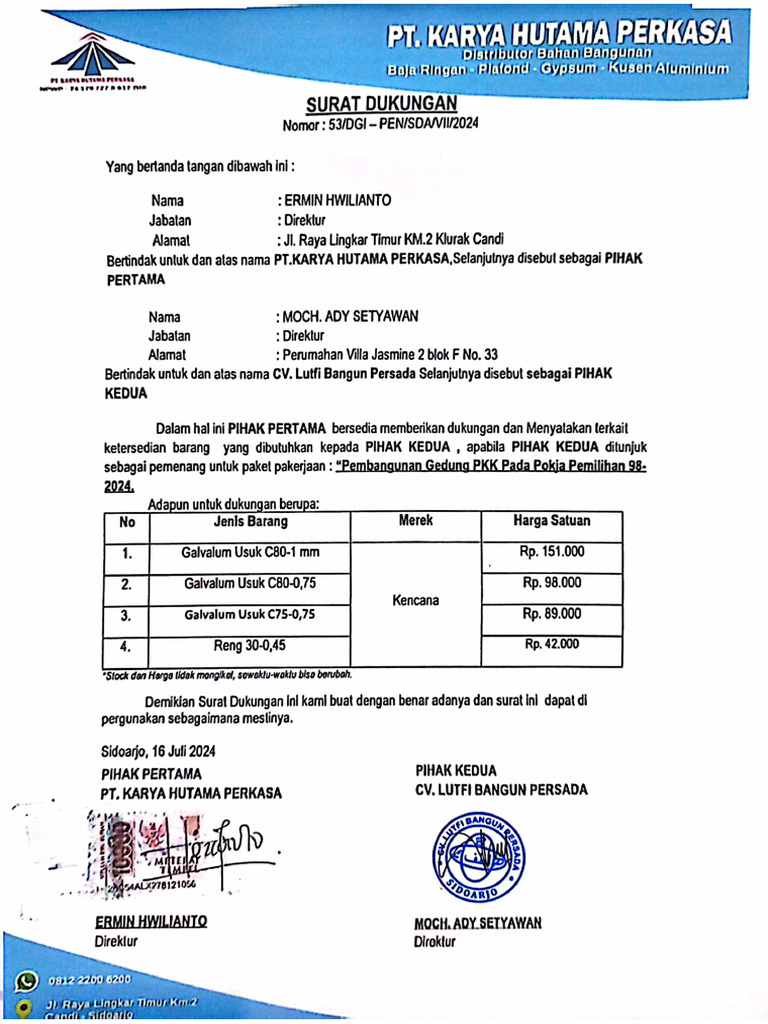 Surat Dukungan Atap Baja Ringan Merk Kencana | PDF