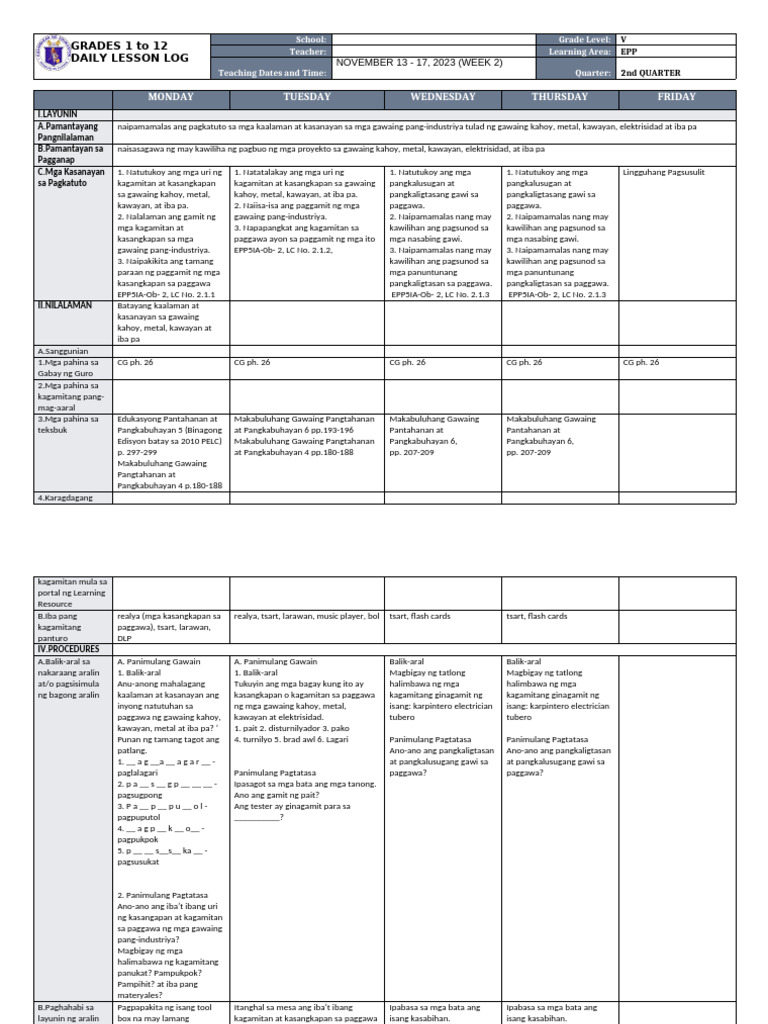 DLL - Epp 5 - Q2 - W2 | PDF | Teachers | Learning