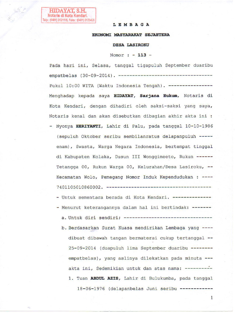 Contoh Akta Notaris LEM (Lasiroku) | PDF