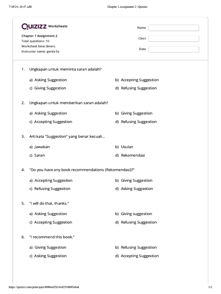 Chapter 1 Assignment 2 - Quizizz | PDF