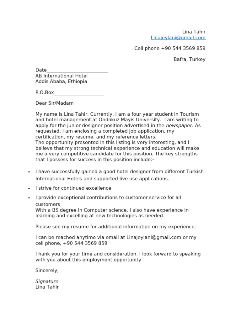 Lina CV Application Letter | PDF