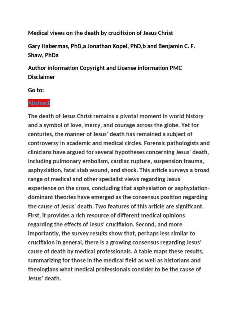 Medical Views on Jesus Crucifixion (1) | PDF