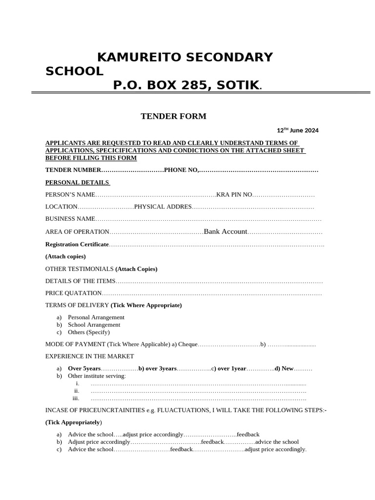 Tender Form 2024 | PDF