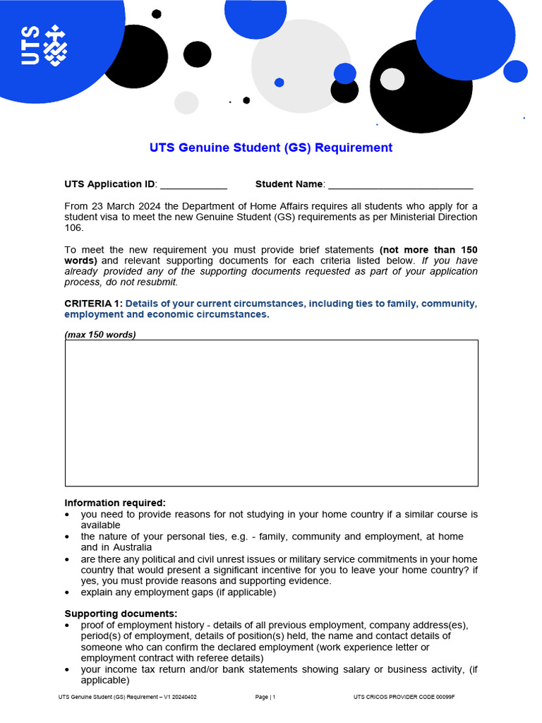 UTS Genuine Student (GS) Requirement Form | PDF