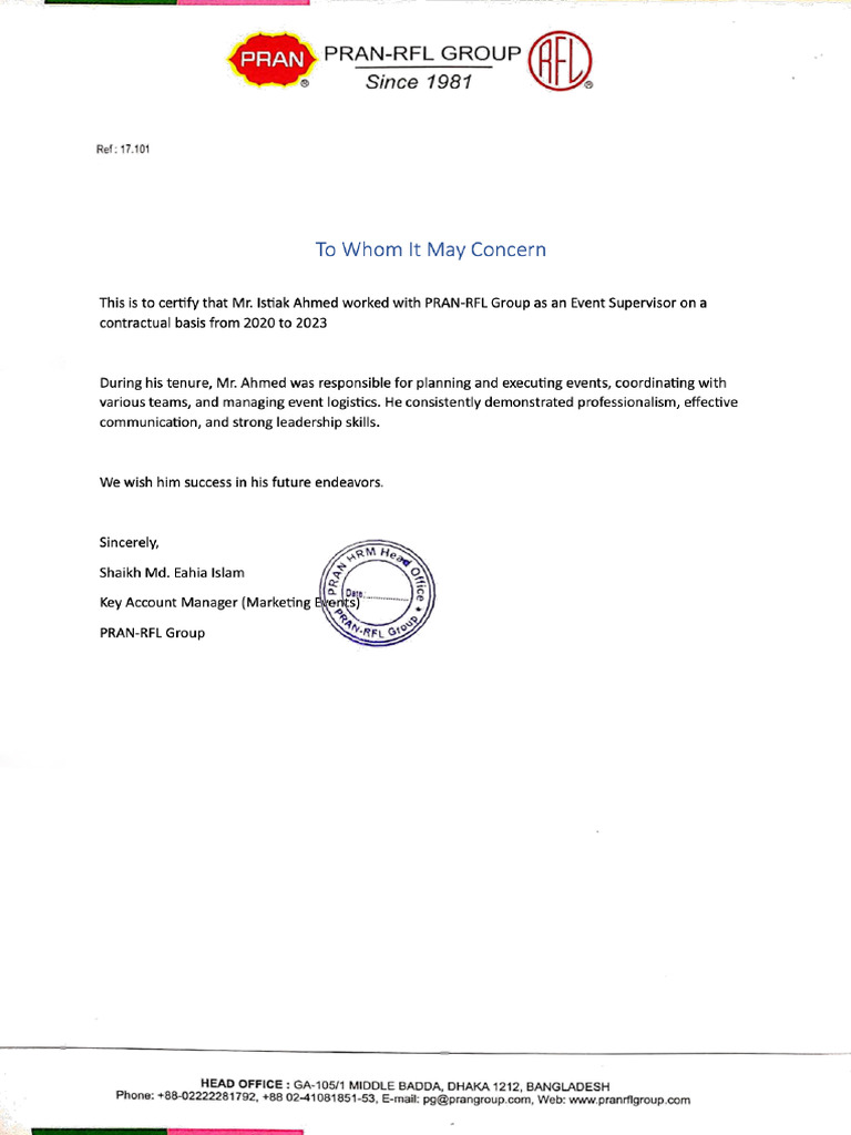 Experience Certificate of Istiak Ahmed | PDF