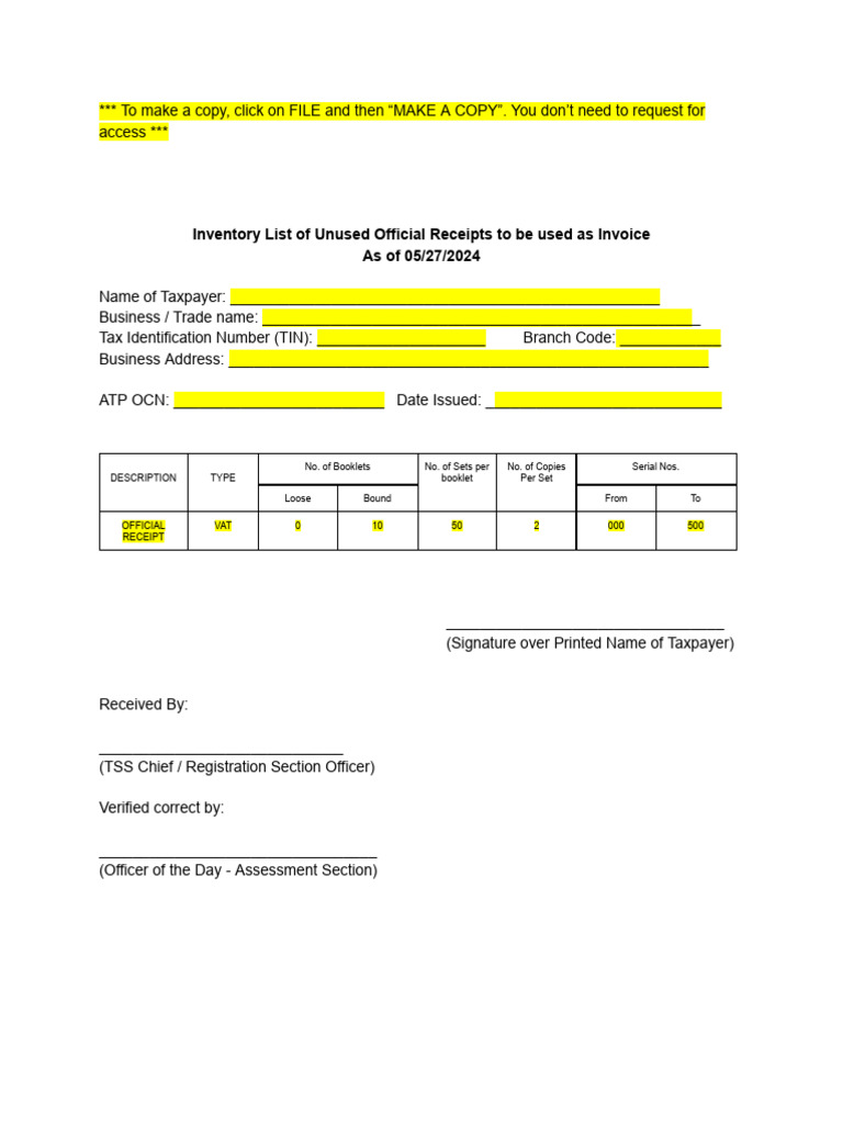 (Template) Annex D - Unused Receipts (Instructions - Click On - FILE ...