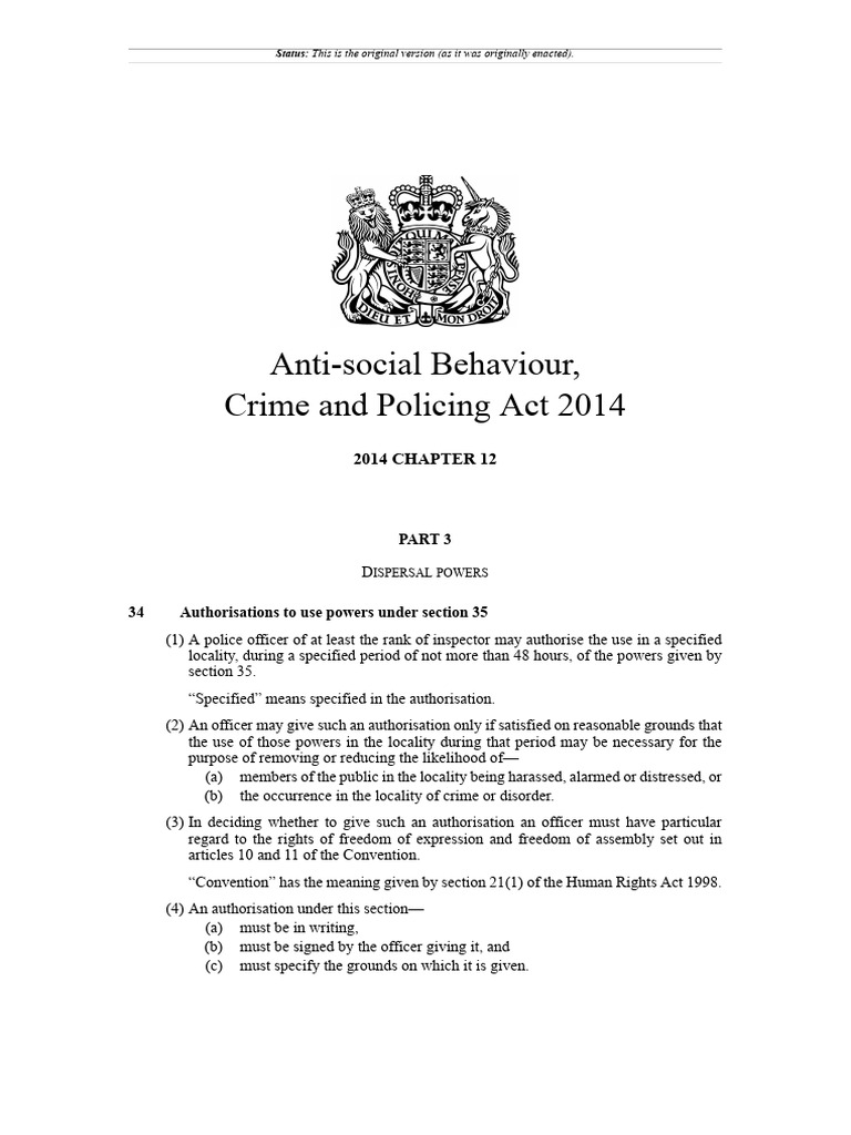 Anti Social Behavior Crime and Policing ACT 2014 Section 35 Part 3 | PDF