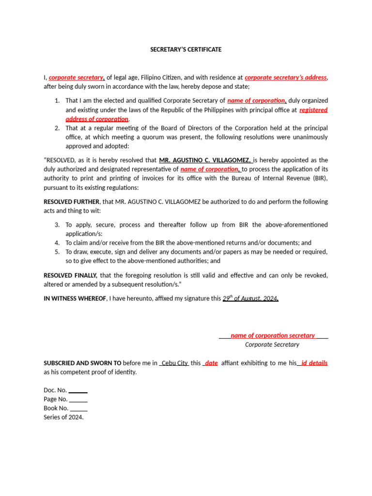 Secretarys Certificate ATP 2024 | PDF