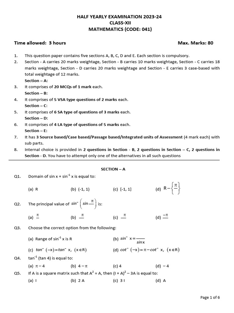 XII Mathematics Half Yearly 2023-2 | PDF