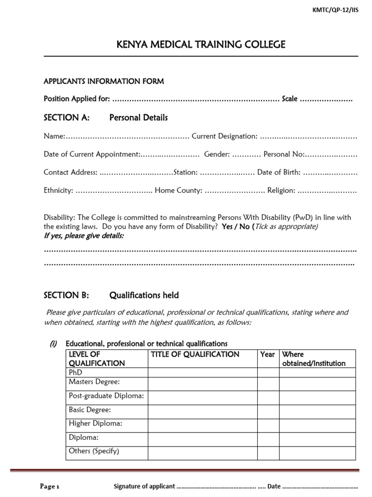 KMTC Applicants Information Form | PDF