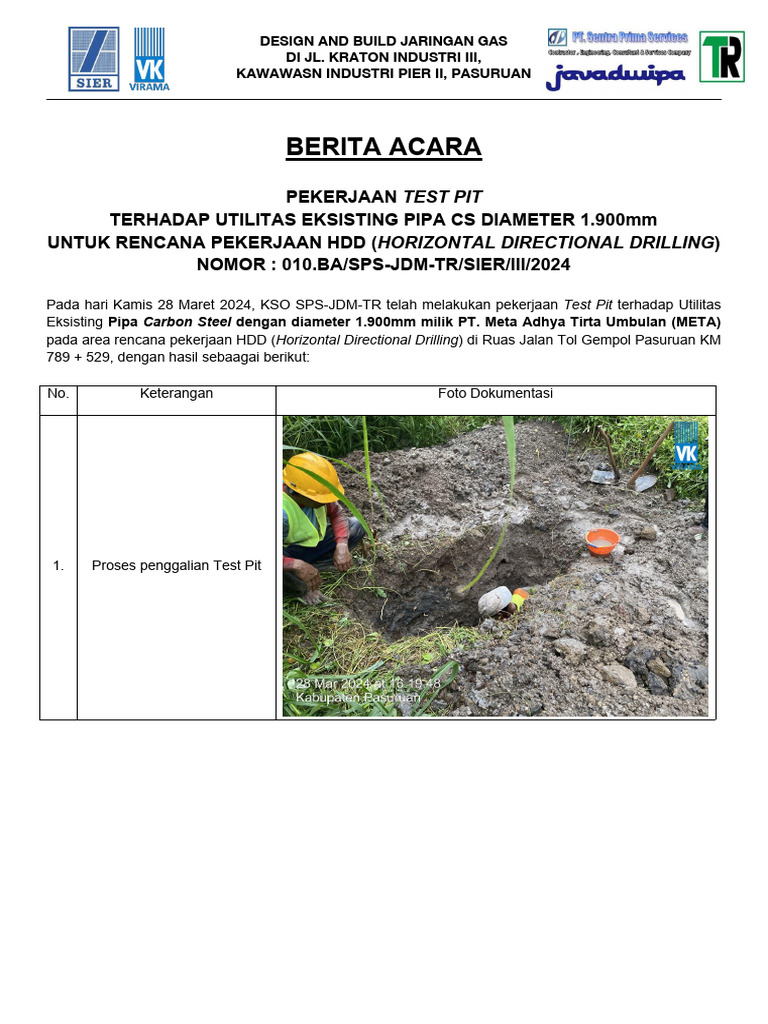 Berita Acara Test Pit Pipa Umbulan 1900 New | PDF