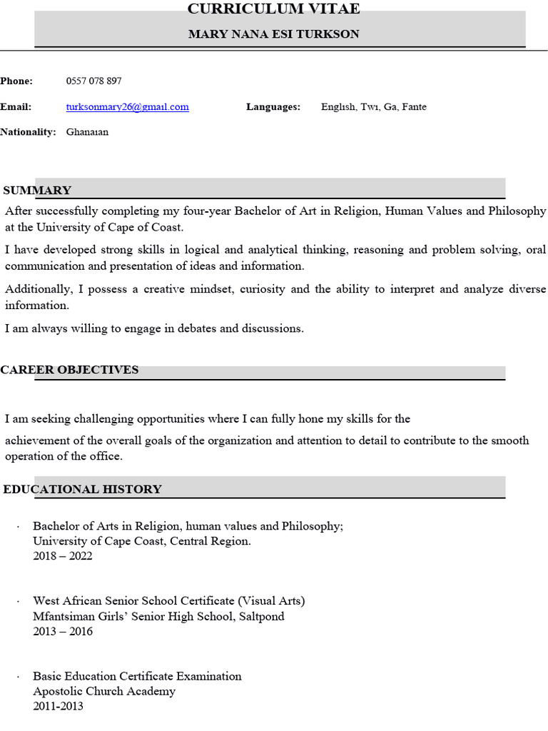 Nana Turkson's CV and Career Overview | PDF | Thought | Social Science