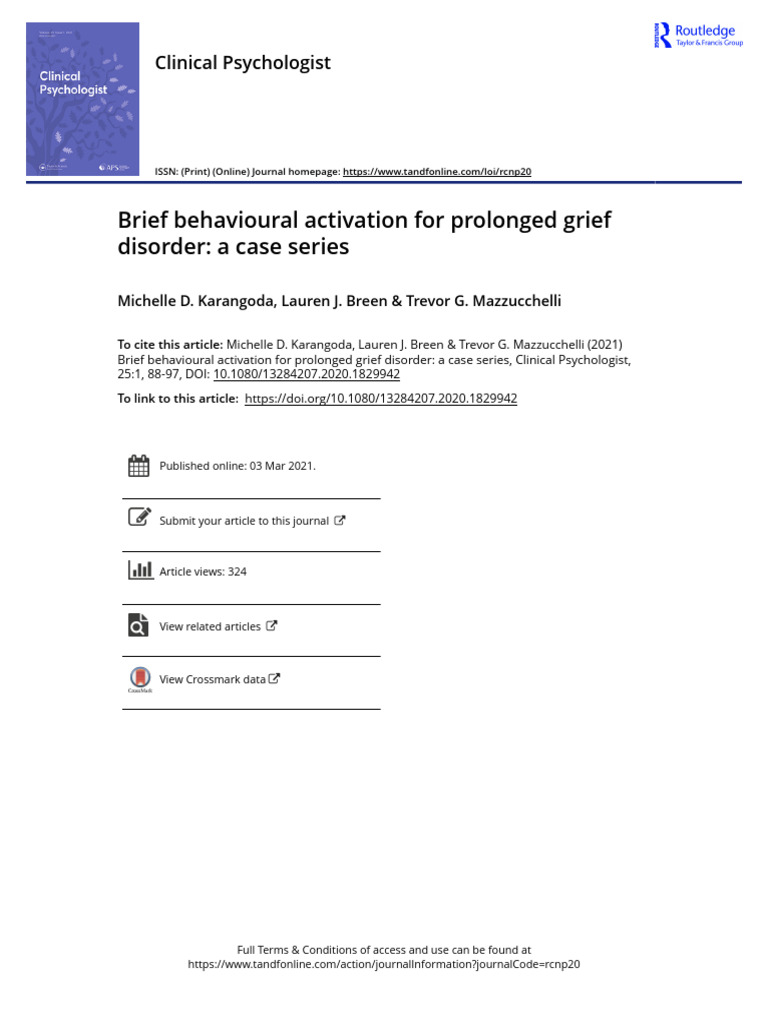 Brief Behavioural Activation For Prolonged Grief Disorder A Case Series | PDF