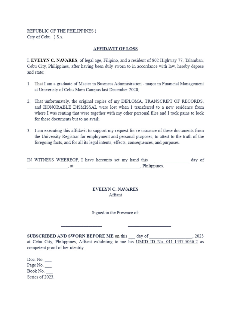 Affidavit of Loss_Diploma&TOR | PDF