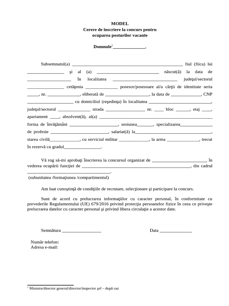 Model - Cerere Participare Concurs | PDF