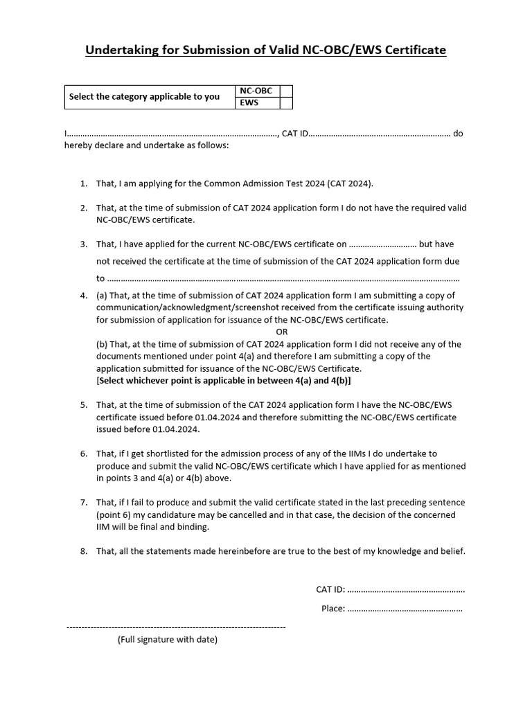 NC-OBC/EWS Certificate Undertaking for CAT | PDF