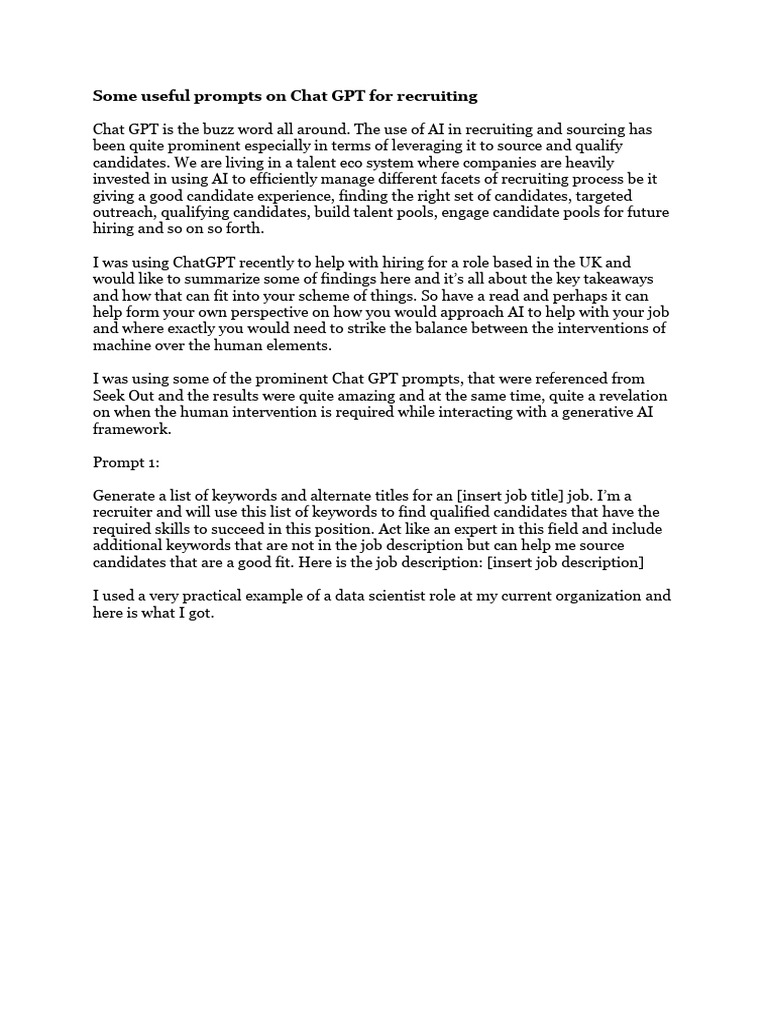 Some Useful Prompts On Chat GPT For Recruiting | PDF