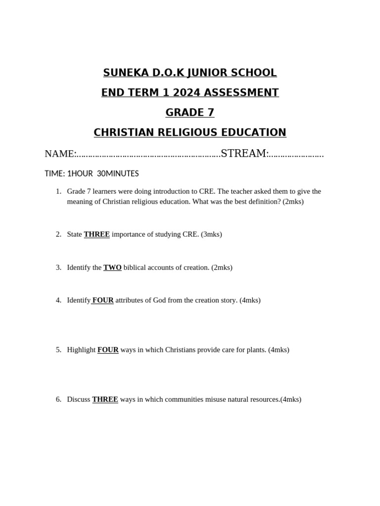 Grade 7 Cre End Term 1 Exam | PDF
