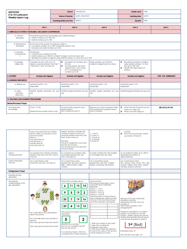 W5 Q1 Math1 Matatag DLL | PDF