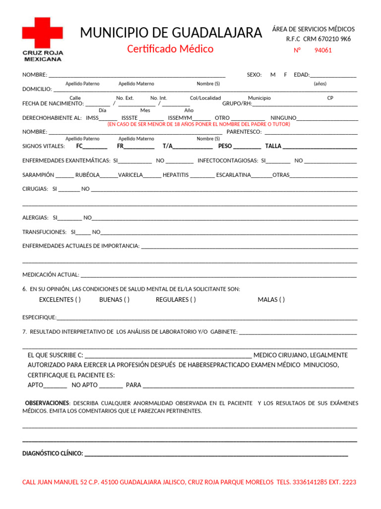 Certificado Medico Cruz Roja | PDF | Enfermedades y trastornos | Servicios públicos