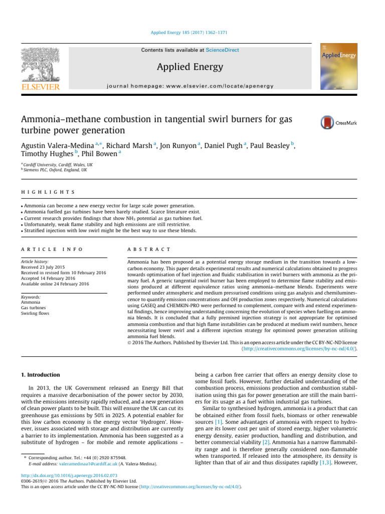 Ammonia-Methane Combustion in Tangential Swirl Burners For Gas Turbine ...