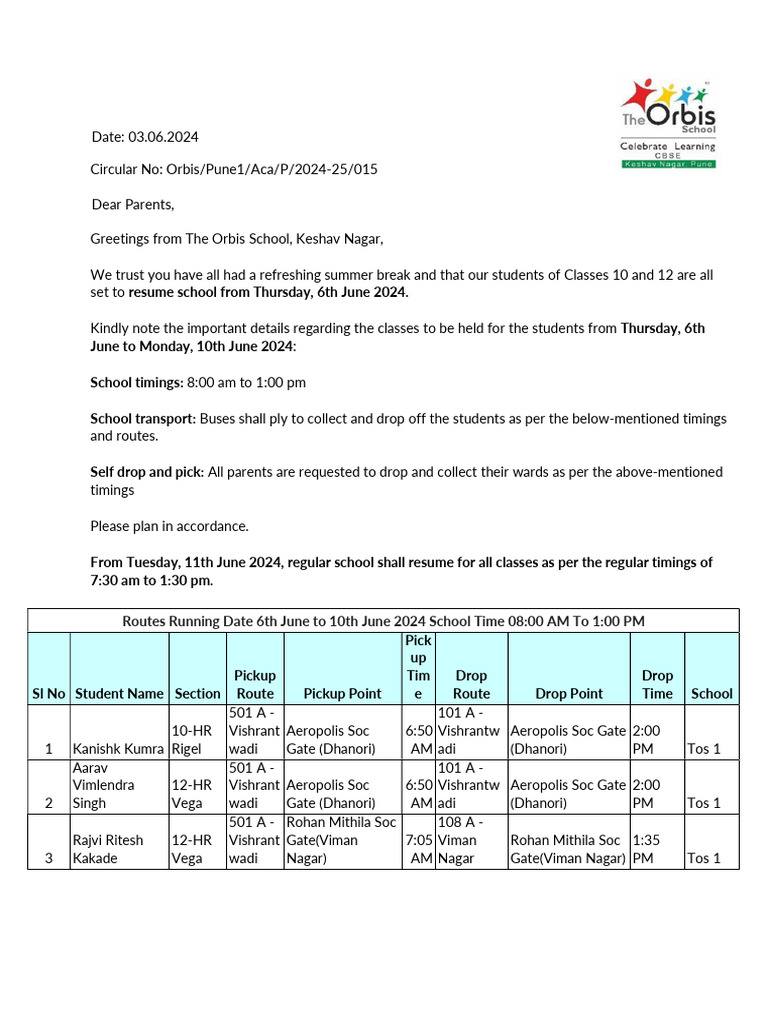 Circular No.015 - Classes 10 and 12 - Transport Details - 6th To 10th ...