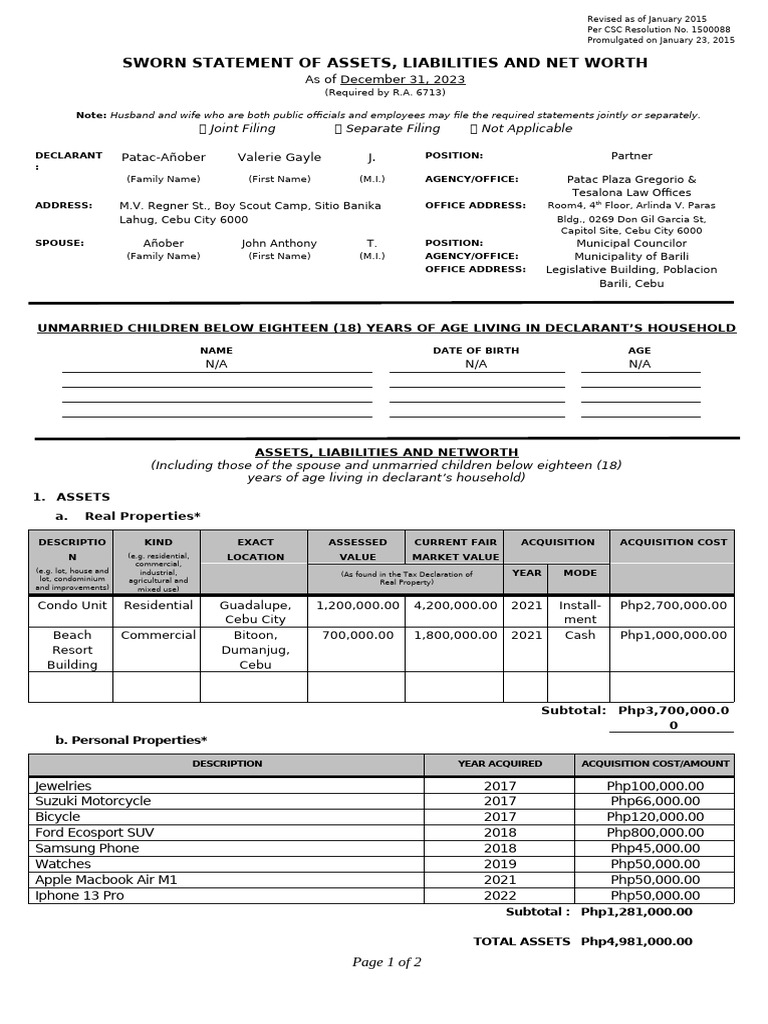 2015 SALN Form-From CSC - VJP 31 December 2023 | PDF