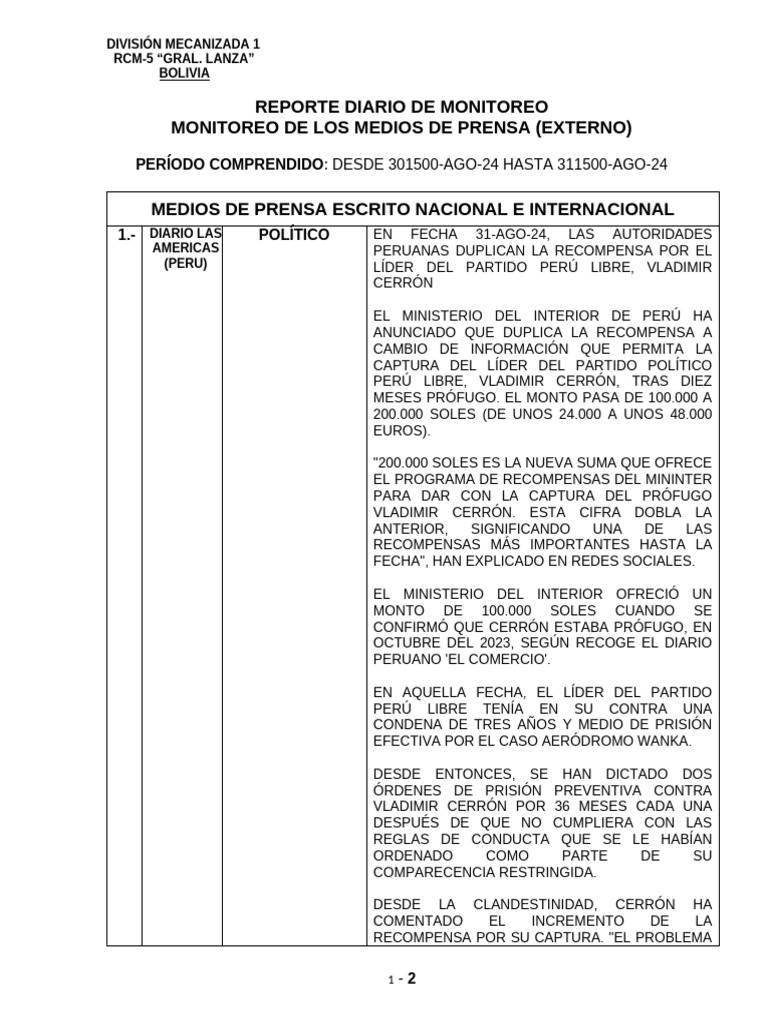 Report.monit. Externo Lanza 31-Ago-24 | PDF Report.monit. Externo Lanza 31-Ago-24 | PDF