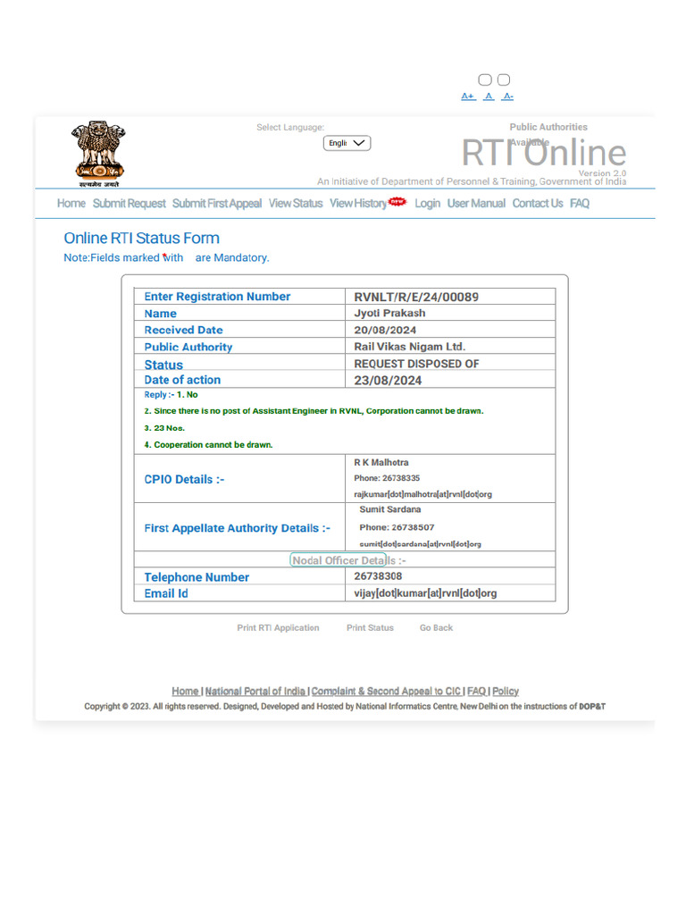 RTI Online - View Status Form | PDF