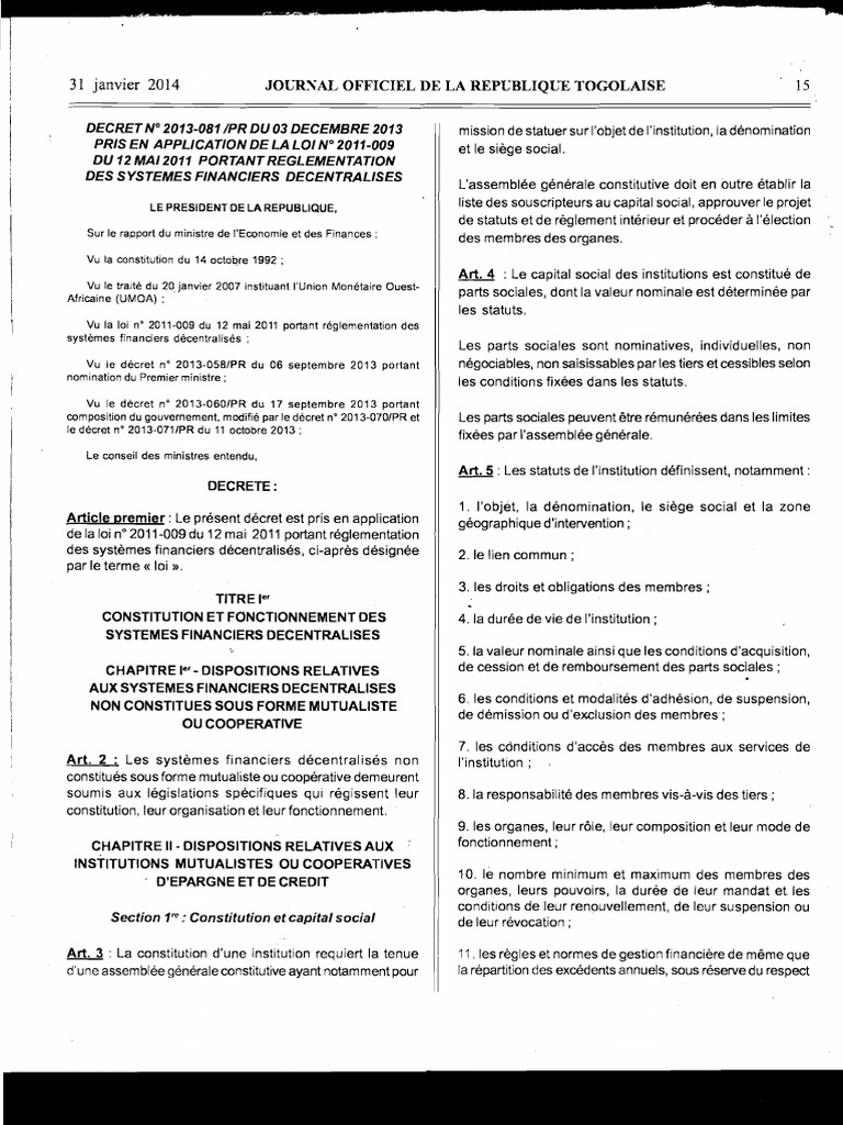 Loi Portant Règlementation Des SFD Au Togo | PDF